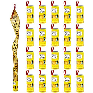 Dwcom 20 Packs Fly Tape, Fly Strips, Fly Paper Strips Roll Ribbon, Sticky Fruit Fly Traps Hanging Catcher Gnat Fungus Trap Killer for Indoors Outdoors