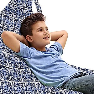 Lunarable Azulejo Lounger Chair Bag, Ethnic Portuguese Ceramic Tiles Like Mosaic Motifs Traditional Design, High Capacity Storage with Handle Container, Lounger Size, Ivory and Lavender Blue