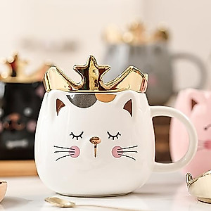 DONGSHANGIFT Cute Cat Mug Set of 4 Crown with Cell Phone Holder Lid for Lovers Ceramic Coffee Cups Women Girls Christmas Birthday Gift 14oz/420ml (4pcs Black White Pink Gray)