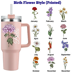 Personalized Tumbler with Handle Straw Custom Insulated Tumblers with Name Birth Flowers Customized 40 oz Stainless Steel Travel Cup Gifts for Women Men Birthdays Christmas Anniversary