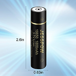 JESSPOW 16650 Rechargeable Battery, 16650 Battery 1800mAh 3.7V Li-ion Rechargeable Battery with Button Top for Flashlights Torches - 2 Pack