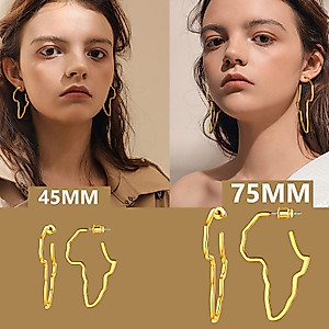 U7 African Map Earrings, 18K Gold Plated Lightweight Dangle Earrings with Silver Post Extra Large Statement Hip Hop Africa Shape Earrings for Women