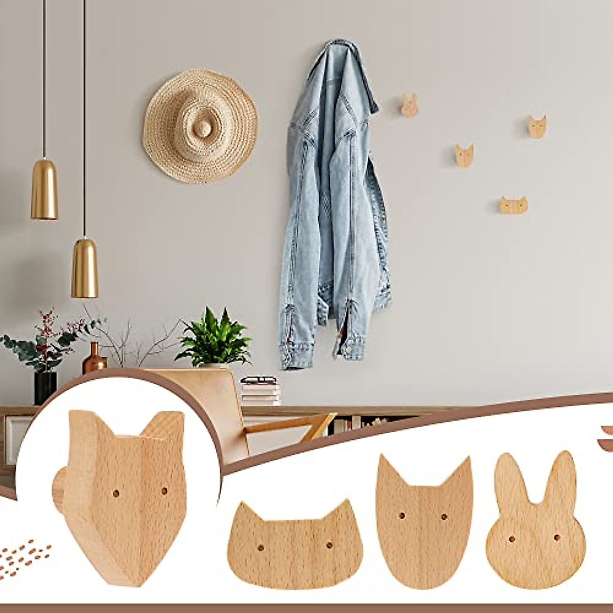 NUANNUAN 4 Pcs Cute Animal Hooks Wood Solid Wall Hanger, Creative Cat/Rabbit/Dog/Fox Shelf Reusable Cartoon Utility Hook for Kids Room Entryway Bedroom Key Coat Towels Hats Jackets Backpack Hanging