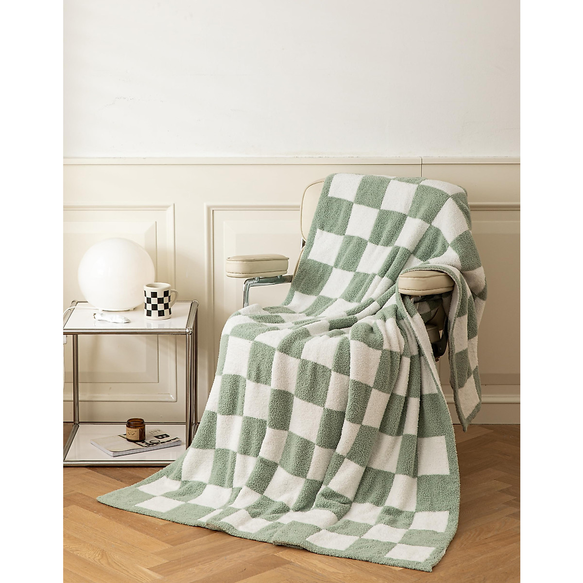 Ultra-Soft Buffalo Checkerboard Grid Fluffy Microfiber Knitted Throw Blanket Super Cozy Lightweight Checkered Bed Blanket for Sofa Couch Bed Matcha 51"X63"
