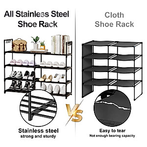 DYJIEKAI 2 Rows 4 Tier Shoe Rack, Black Metal Shoe Racks, Stackable Shoe Shelf with Multifunctional Hooks, Hold 16-20 Pairs, Space Saving Shoe Rack, Shoe Rack for Closet,Shoe Organizer
