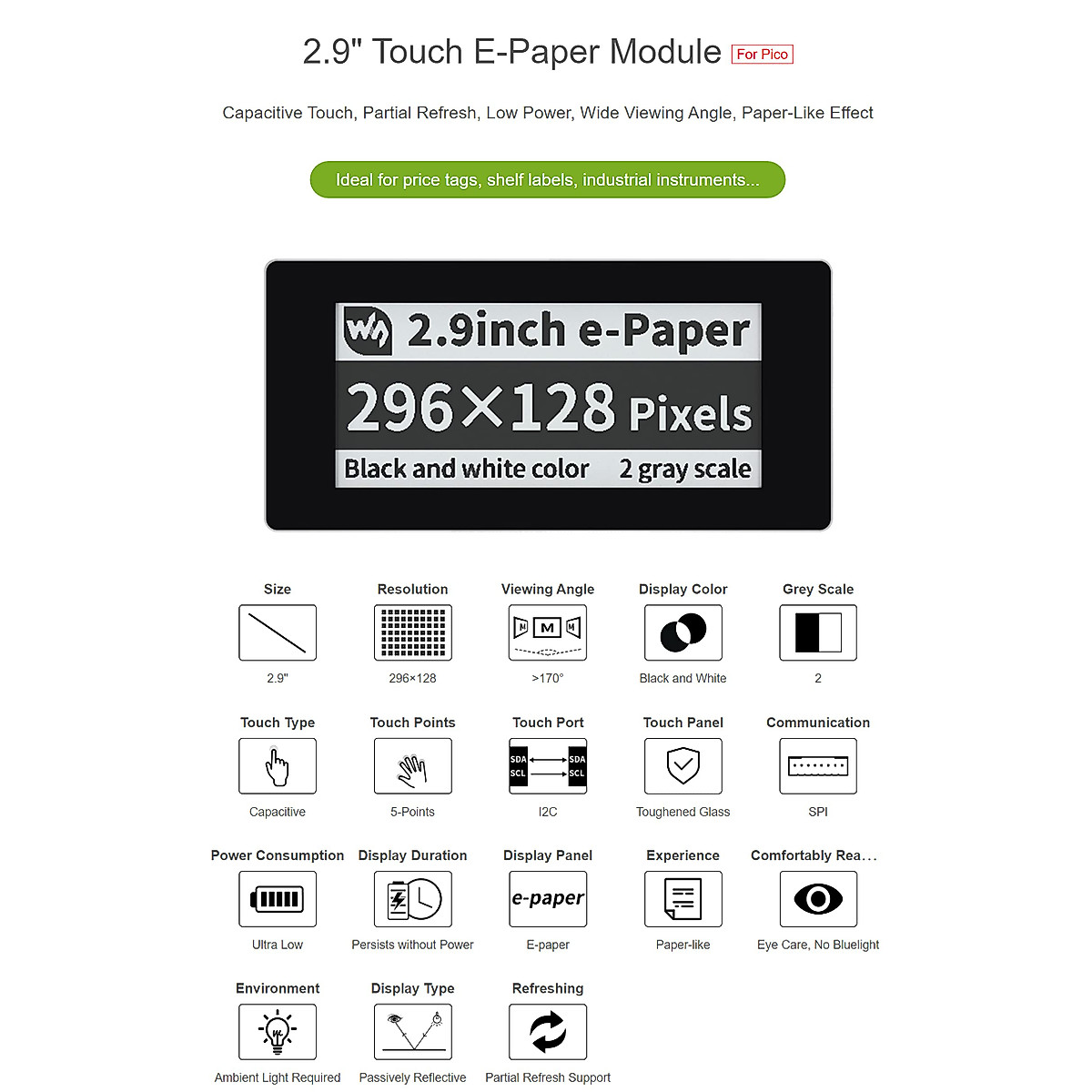 2.9 Zoll e-Paper Touch Display für Raspberry Pi Pico 296×128 E-Ink Touchscreen Anzeigemodul Zweifarbig Schwarz/Weiß 3.3V Unterstützung 5-Punkte-Touch SPI / I2C-Schnittstelle Teilaktualisierung