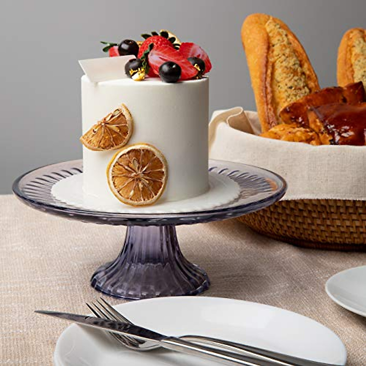 KMwares 9" D Colored Glass Round Cake Stand, Serving Platter, Multifunctional Dessert Plate with Beautiful Lavender Color for Wedding, Birthday Party, Kicthen Baking Ware