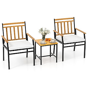HAPPYGRILL 3 Piece Acacia Wood Patio Bistro Set, Outdoor Chair Set with Coffee Table, Heavy-Duty Metal Frame, Cushions, Outside Furniture Conversation Set for Balcony, Porch, Backyard