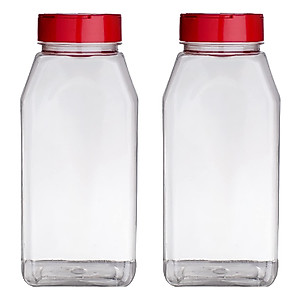 Skyway Supreme Large 32 OZ Clear Plastic Spice Bottles Containers - Set of 2 - Flap Cap Pour and Sifter Shaker Jars - Refillable Perfect For Storing and Dispensing Spices Herbs and Rubs - BPA Free