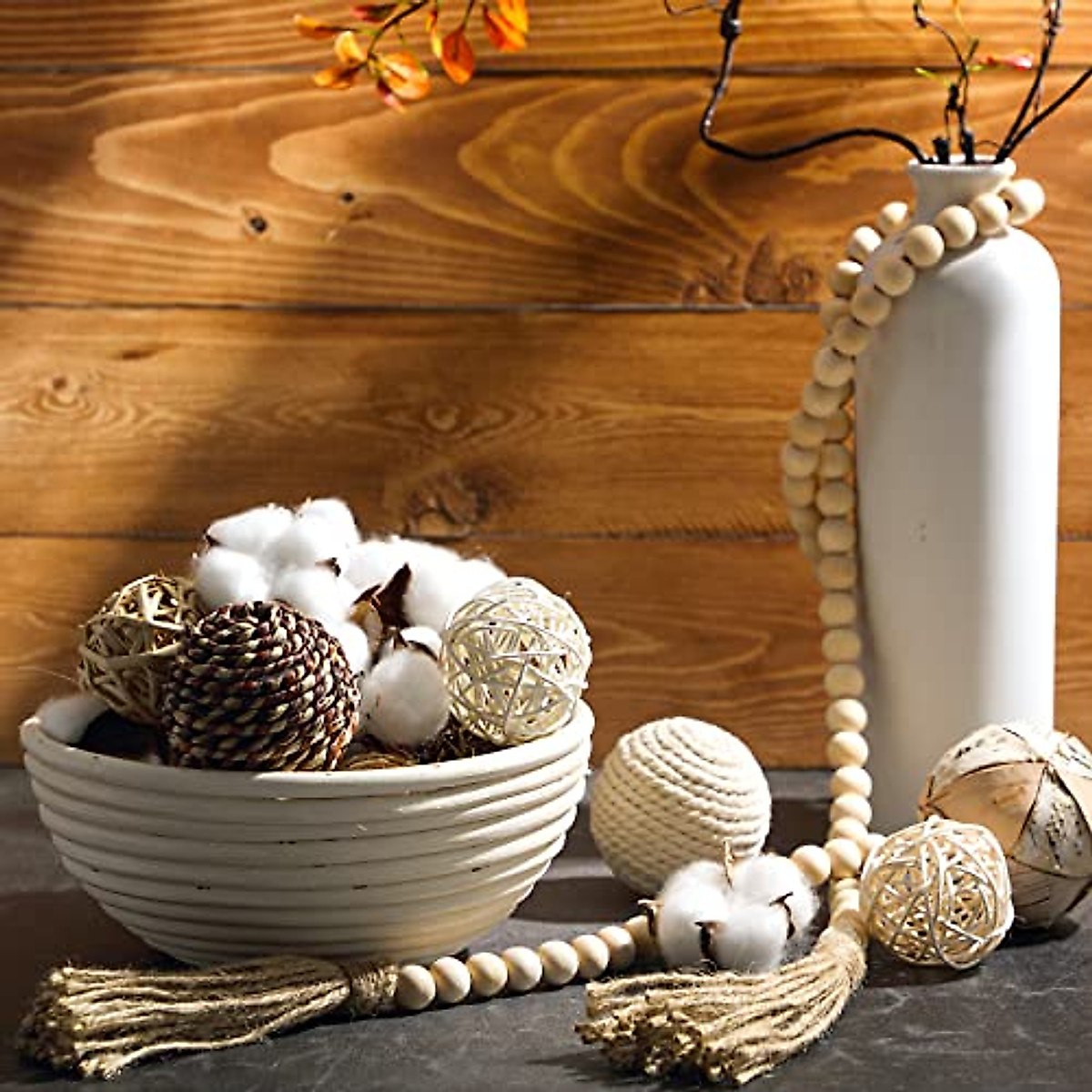 20 Pieces Decorative Balls for Bowls, Assorted Decorative Balls Set, Bowl Decorative Filler and 58 Inches Wood Bead Garland with Tassels for Vase Bowl Filler Table Decoration
