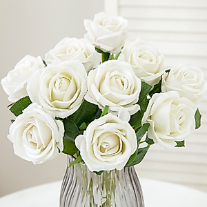 Fake Roses Artificial Silk Flowers - 12 Pcs White Roses Artificial Faux Flowers with Stems for Home Wedding Centerpiece Hotel Office Decor