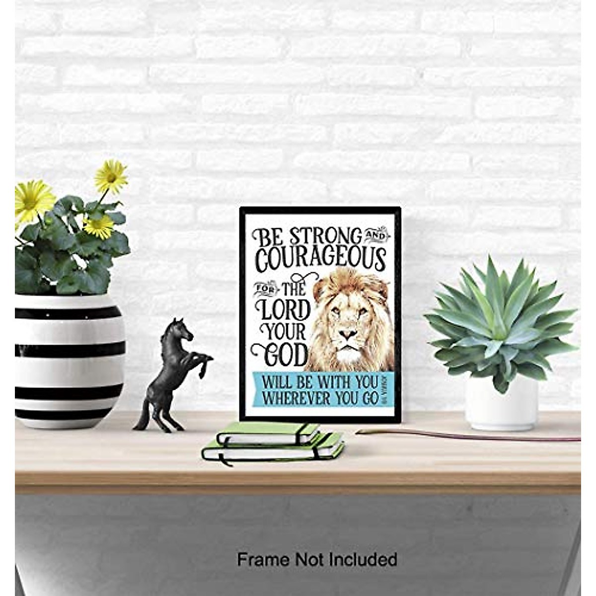 Be Strong and Courageous Wall Art - Lion Religious Scripture Decor - Christian Bible Verse Gifts for Men, Boys Bedroom, Teen Room - Motivational, Positive, Inspirational Quotes - Blessed Wall Decor