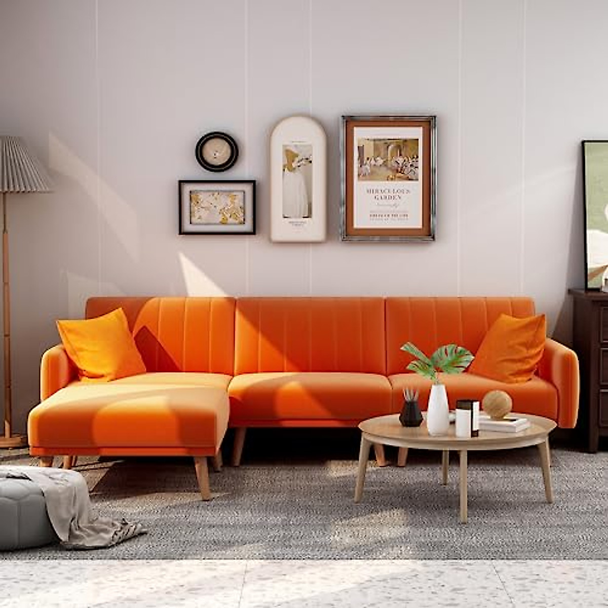 UPHYB L-Shaped Orange Velvet Sectional Recliner Sofa Couch, 105" Modern Convertible Sleeper Sofa Bed with Adjustable Backrest, 3 Seat Sofa Set with Ottoman and 2 Pillows for Living Room and Apartment
