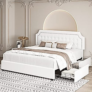 Queen Bed Frame with Storage and Adjustable Headboard, Bed Frame with 4 Drawers and Wooden Slats Support, No Box Spring Needed, Noise-Free, Pu, White