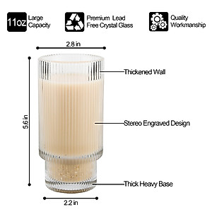 QUMMFA 10 Pack Ribbed Drinking Glasses, 11oz Glass Cups Set, Beer Glasses, Iced Coffee Glasses, Coffee Bar Accessories, Glass Tumbler for Water, Juice, Cocktail, Smoothies, Vintage Glassware