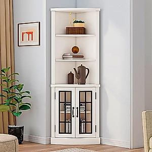 AMERLIFE Curved Corner Storage Cabinet, 65'' Tall Freestanding Bookcase with Glass Doors & Adjustable Shelves, 5-Tier Corner Display Cabinet for Living Room, Distressed White (CSC128B)