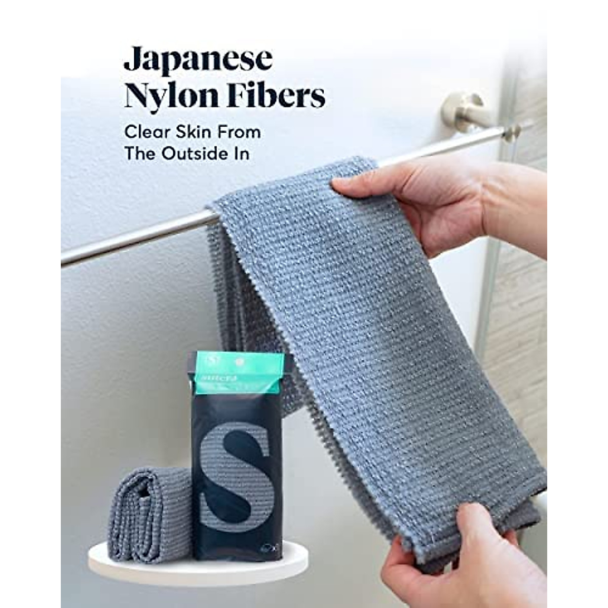 SUTERA - Exfoliating Shower Towel, Premium Japanese Scrub Wash Cloth, Deep Cleanse for Body Face, Microabrasion Duo Fibers Durable Quick Drying, Asian Spa Skin Care Bath Washclose, Extra Long Design