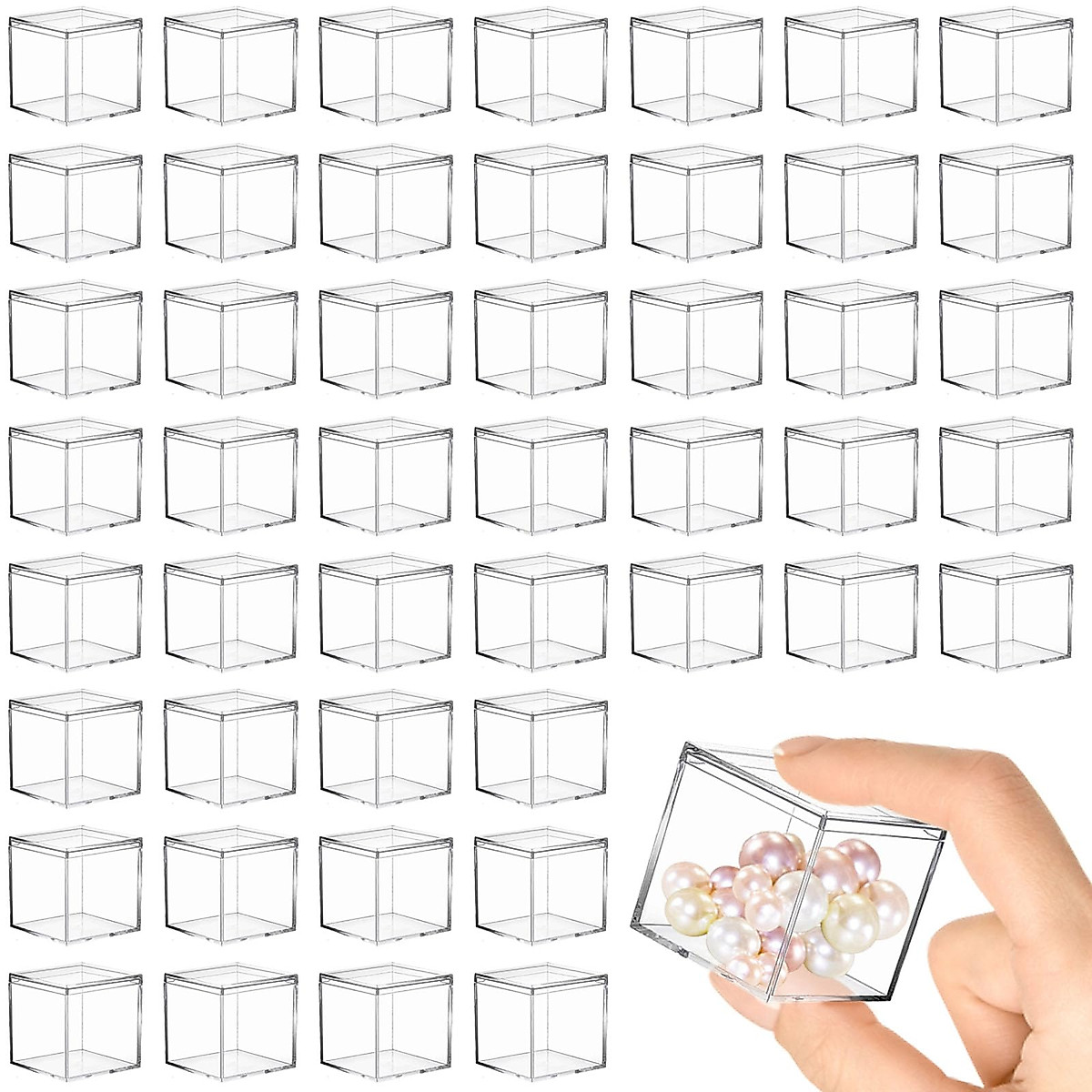 ALMOXVYE 48 Pcs Clear Acrylic Boxes, Small Plastic Square Cube with Lid, 2.2 x 2.2 x 2.2 Inch Mini Acrylic Containers for Candy Pill and Tiny Jewelry, Artwork Display