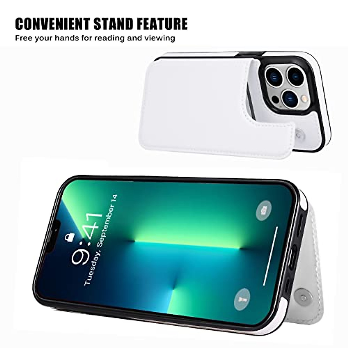 JOYAKI Wallet Case Compatible with iPhone 13 Pro Max,Slim Protective case with Card Holder,PU Leather Kickstand Card Slots Case with a Free Screen Protective Glass for iPhone 13 Promax(6.7")-White