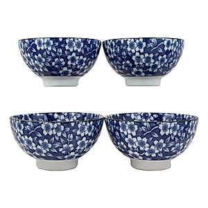 Ebros Gift Made in Japan Ming Style Blue And White Summer Floral Blossom Design 12oz Rice Soup Cereal Porcelain Bowls Set of 4 Home Decor Zen Asian Fusion Accent Housewarming Birthday Gifts Bowl Set