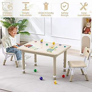 DOREROOM Kids Table and 2 Chairs Set, Height Adjustable (17.7"-26.1") Toddler Table and Chair Set, Multi-Activity Table with Graffiti Desktop, Children’s Table and Chairs for Classroom, Home & Daycare
