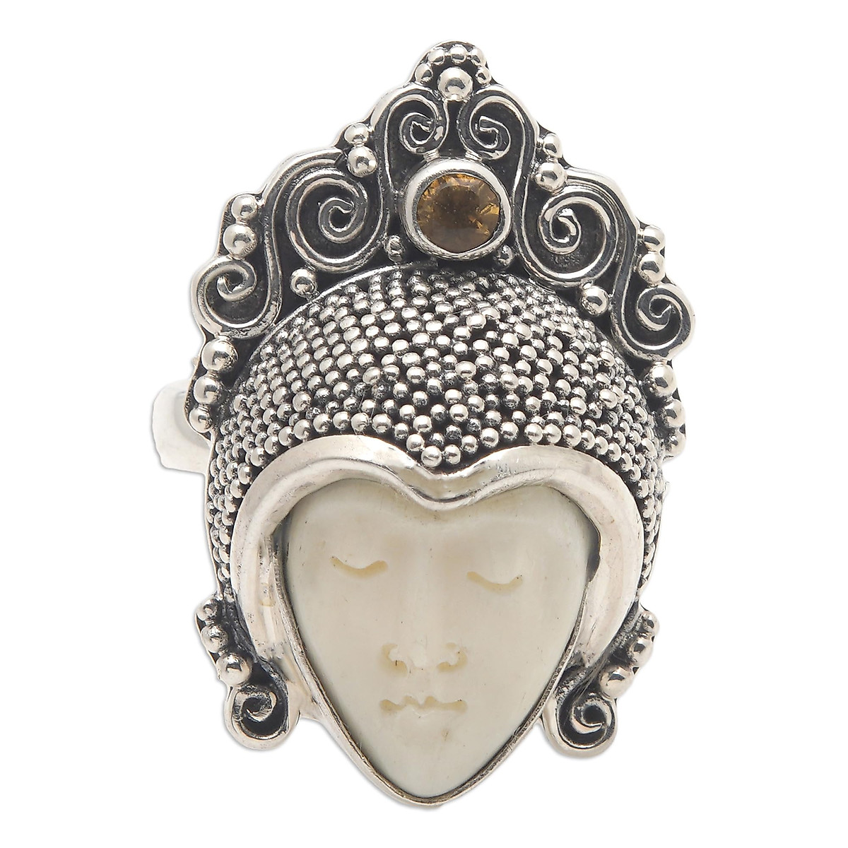 NOVICA Artisan Handmade Citrine Cocktail Ring Cow Bone Silver Sterling Yellow Indonesia Birthstone [crownbezel 1.1 in L x 0.7 in W Band Width 3 mm W] ' Sleeping Prince'