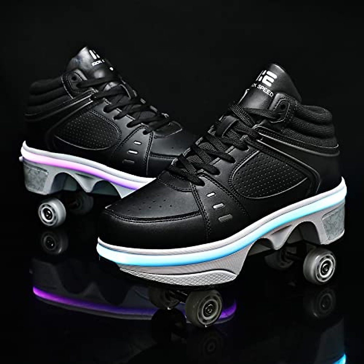 KOFUBOKE LED Deformation Roller Skate Shoes Double-Row Walking Shoes with Invisible Wheels 2 in 1 Removable Pulley Parkour Skating (Black, 3.5)