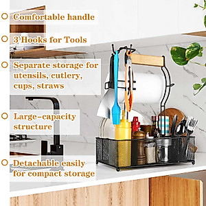 FANGSUN Large Grill Utensil Caddy, Picnic Condiment Caddy, BBQ Organizer for Camping Outdoor Mesh Basket with 3 Hanging Hooks and Paper Towel Holder, Ideal Table Storage Tools for Paper Plate Cutlery