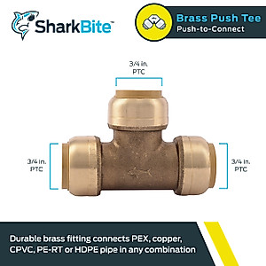 SharkBite 3/4 Inch Tee, Push to Connect Brass Plumbing Fitting, PEX Pipe, Copper, CPVC, PE-RT, HDPE, U370LFA