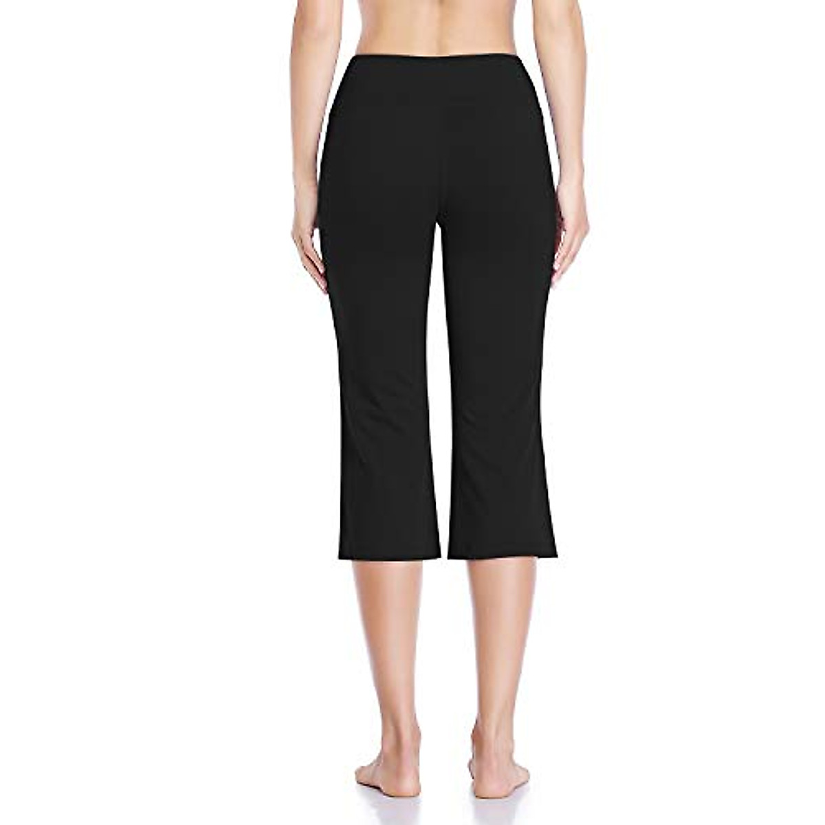 HISKYWIN 18" Inseam Women Inner Pocket Yoga Capri 4 Way Stretch Tummy Control Workout Running Pants, Long Bootleg Flare Pants HF2A Black-L