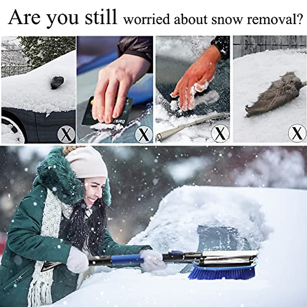57 Inch Extendable Snow Brush and Ice Scraper, 270° Pivoting Snow Brush for Car Windshield, 3 in 1 Sturdy Snow Brush with Squeegee and Foam Grip, for RV SUV Truck, Gloves and Storage Bag Included