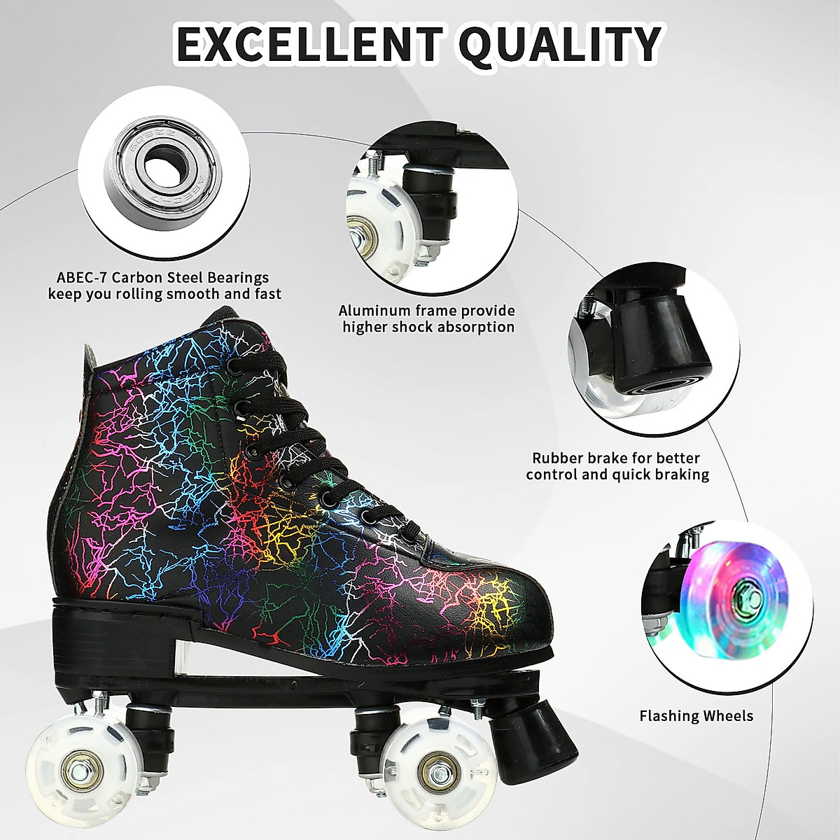 Women's Roller Skates Light Up Wheels, Leather Adjustable Double Row Roller Skates Illuminating Derby Skates Illuminating for Teens and Youth (Lightning Black Flash Wheel,8.5)