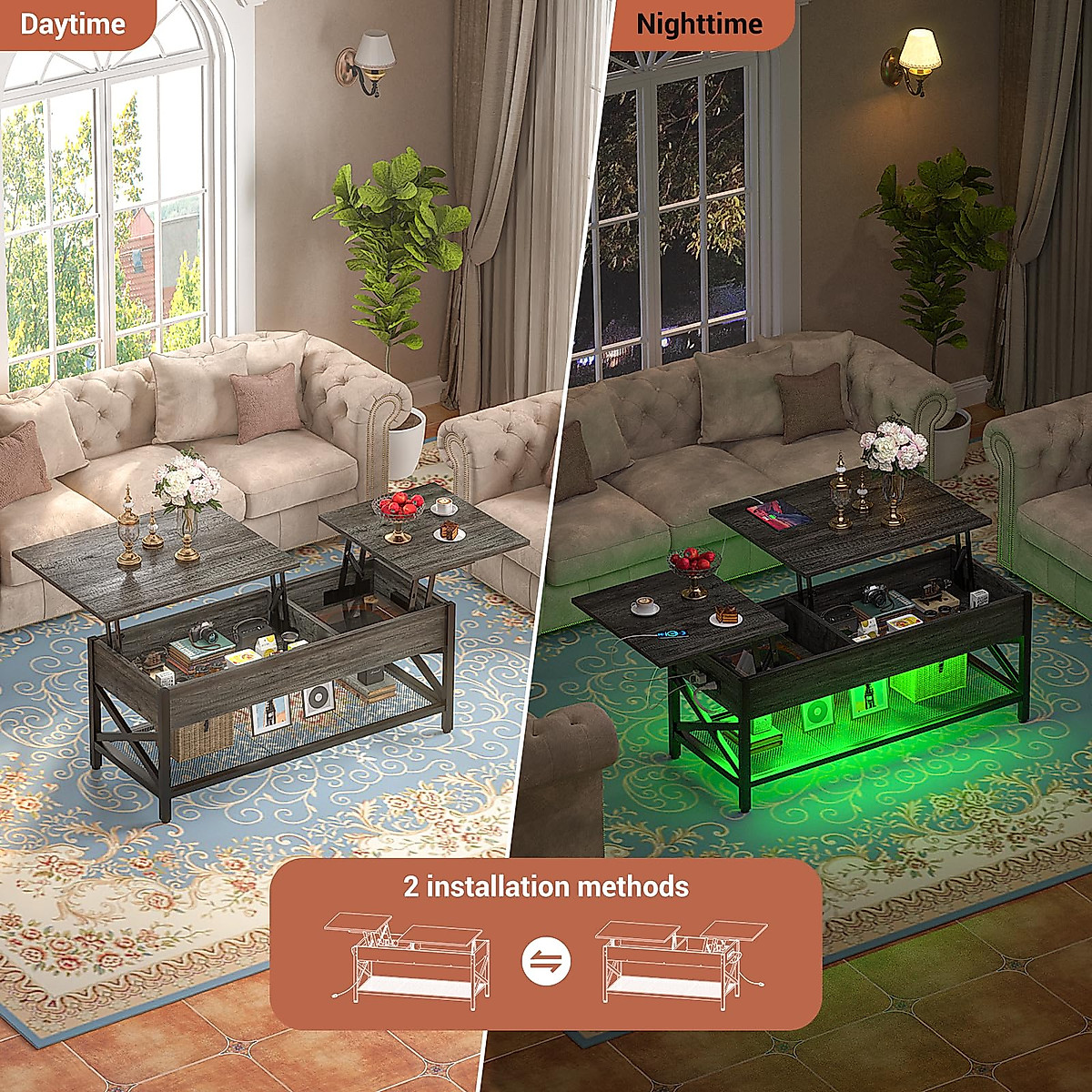 Besiost Coffee Table, Lift Top Coffee Table with Storage, LED Light & Power Outlet and Hidden Compartment, Retro Center Table for Living Room, X Support Wood Tabletop, Metal Frame, Black Oak