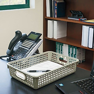 Really Good Stuff 12PK Plastic Desktop Paper Storage Basket for Classroom or Home–14”x10” Plastic Mesh Basket-Secure Papers Crease-Free–Pebble