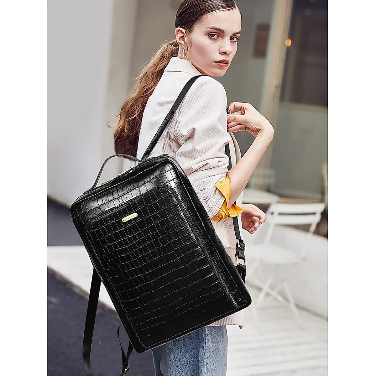 CLUCI Leather Laptop Backpack for Women 15.6 inch Computer Bag Large Travel Vintage College Daypack Business Bags Off-white With Brown