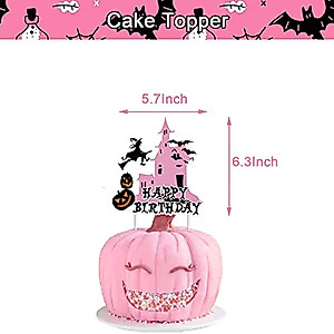 Halloween Birthday Party Decorations with Happy Birthday Halloween Banner, Halloween Birthday Pink Backdrop, Halloween Cake Cupcake Topper and Balloons for Kids Girls Halloween First Birthday
