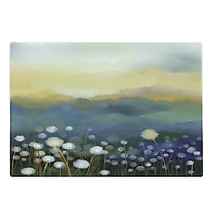 Ambesonne Dandelion Cutting Board, Oil Painting Effect Floral Scene and Mountains Flowers in Meadows Spring Theme, Decorative Tempered Glass Cutting and Serving Board, Large Size, Multicolor