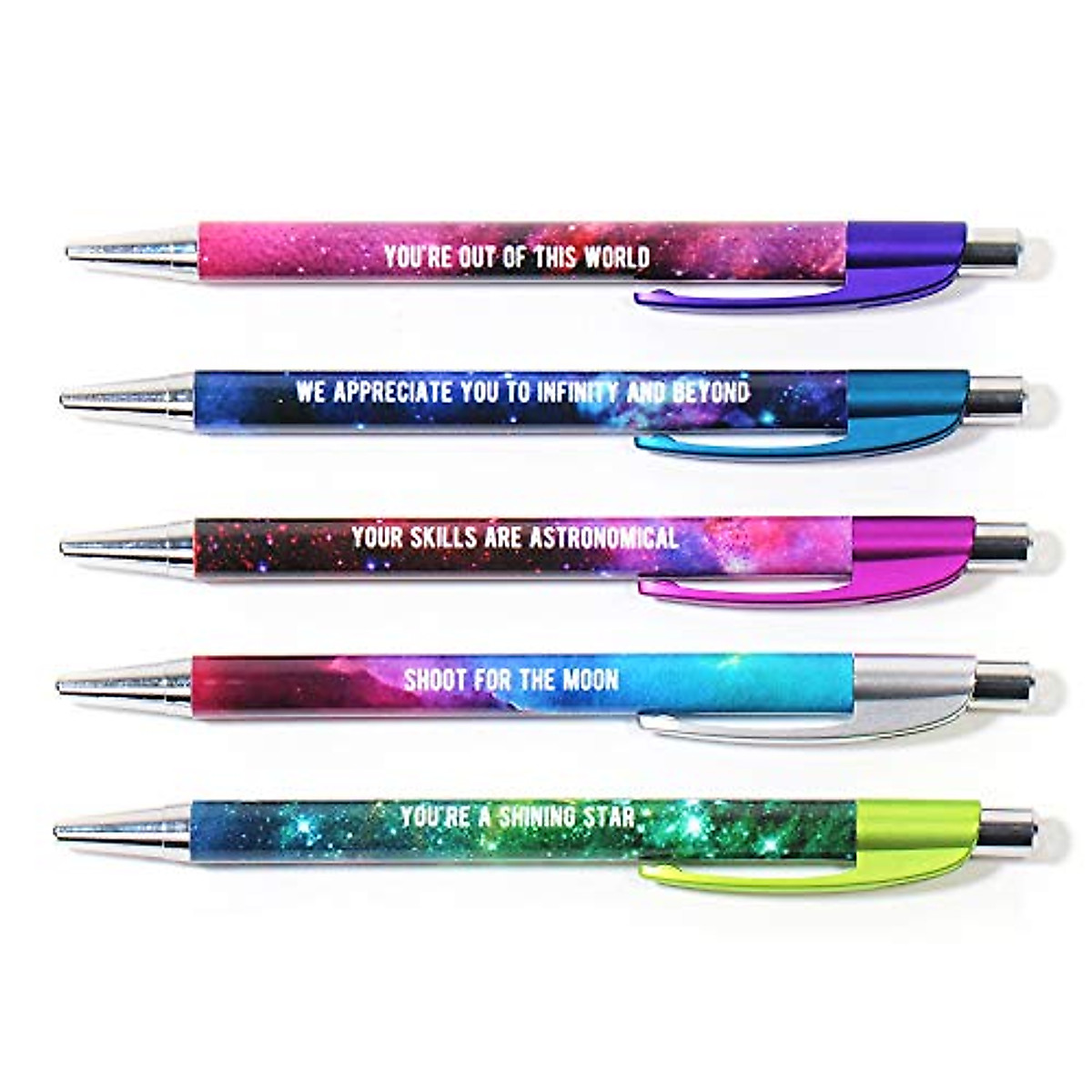 Retractable Galaxy Click Pens-5 pack- Motivational Quotes- Black Ink Fine Point 0.5mm, Assorted Designs for School Office Home New Hire Onboarding Employee Gifts by Cheersville