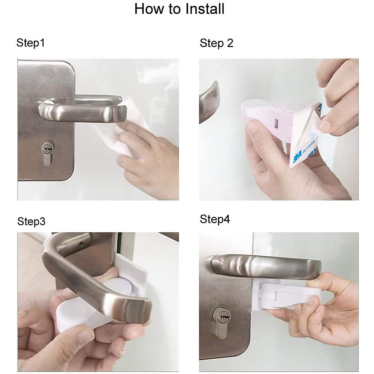 Childproof Door Lever Lock (4 Pack) Prevents Toddlers from Opening Doors. Easy One Hand Operation for Adults. Durable ABS with 3M Adhesive Backing. Simple Install (White)
