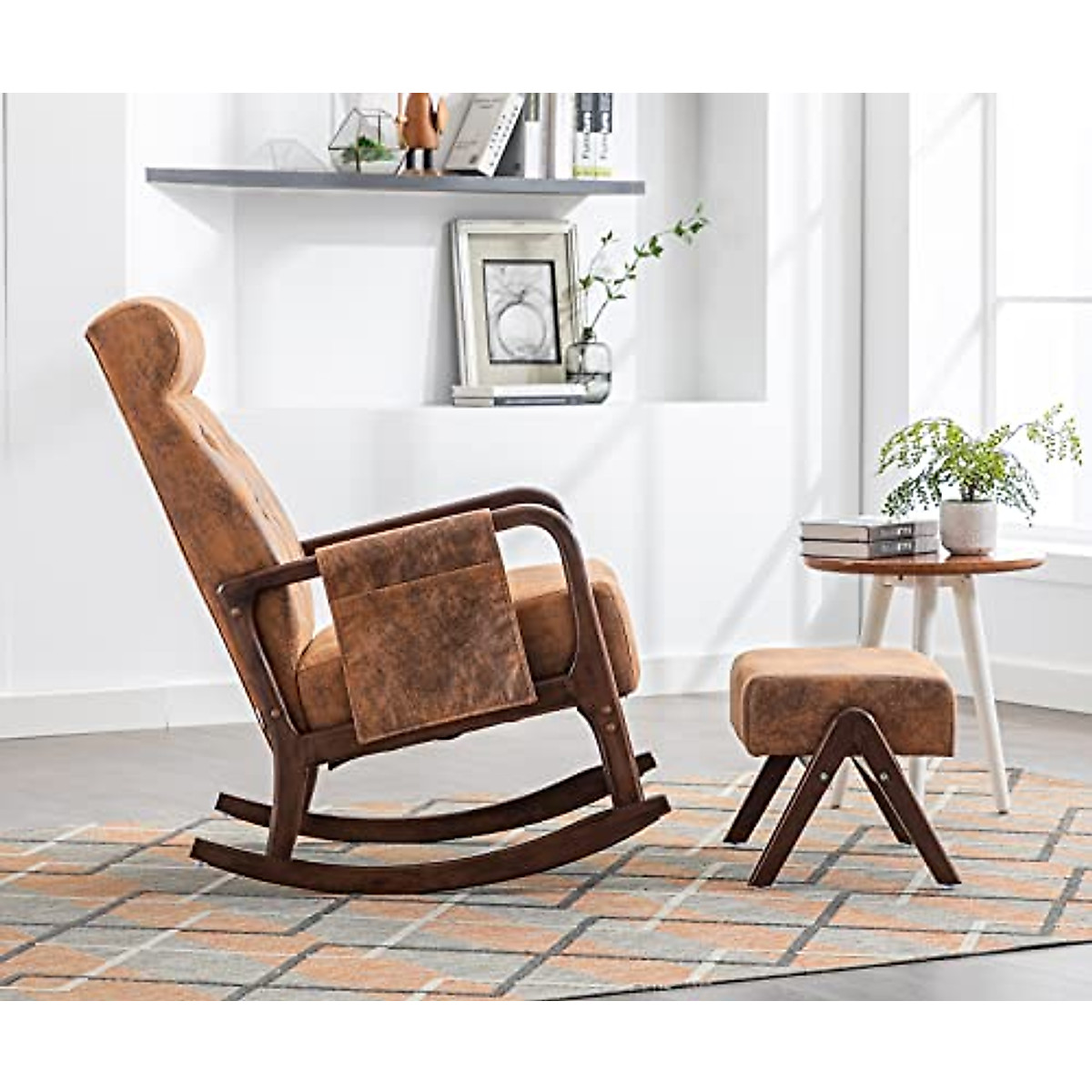 Kurhwyss Nursery Rocking Chair with Ottoman, Upholstered Rocker Chair with Arm Pocket, Modern Accent Glider Chair with Comfy High Back for Living Room Bedroom (Coffee)