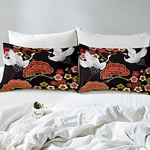 Erosebridal Japanese Ukiyoe Duvet Cover Cherry Blossom Bedding Sets King White Crane Bird Comforter Cover Animal and Botanical Theme Bedding, Microfiber Breathable Quilt Cover Black
