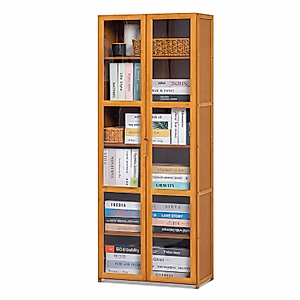 Magshion Bamboo 6-Tier Shelf Living Room Storage Tall Bookcase Cabinet with Clear Doors, Brown 23.5" L x 11.9" W x 59.1" H Home Office Multipurpose Tower Media Organizer Bookshelf