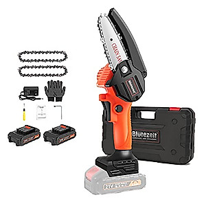 Blütezeit Mini Chainsaw Cordless, 4-Inch 21V Battery Power Chainsaw, Compact Handheld Electric Chainsaw Rechargeable for Wood Cutting, Branch Pruning, Tree Trimming (2 Batteries & 2 Chains Included)