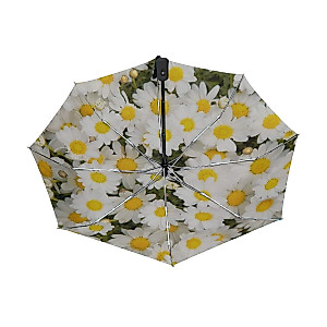 senya White Daisy Compact Travel Umbrella Sun and Rain Windproof Auto Open Close Folding Umbrella