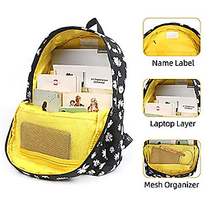 Fitmyfavo Black Daisy Daisy Printed Girl's Waterproof Laptop Backpack for Elementary to High School Students (15L, 14" Laptop Compatible, Large, Black Daisy)