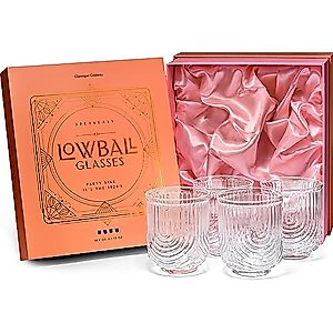 GLASSIQUE CADEAU Vintage Art Deco Lowball Gatsby Cocktail Glasses | Set of 4 | 13 oz Double Old Fashioned Tumblers for Drinking Classic Whiskey, Gin, Vodka Bar Drinks | Round Short Glassware