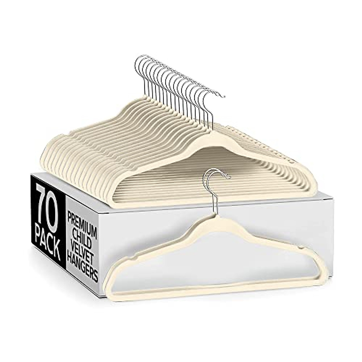 Sleek Pick Premium Children Hangers Velvet Ivory, 70 Pack,7.9 x 13.8” Non-Slip Felt Hangers, Heavy Duty Ultra Slim Kids PreTeen Hangers, Space-Saving Hangers 360 Hooks, Contoured Notched Shoulders
