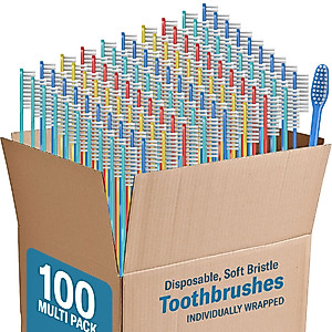 Blasting Health 100 Pack Disposable Medium Soft Bristles Bulk Toothbrushes - Individually Wrapped (Plain)
