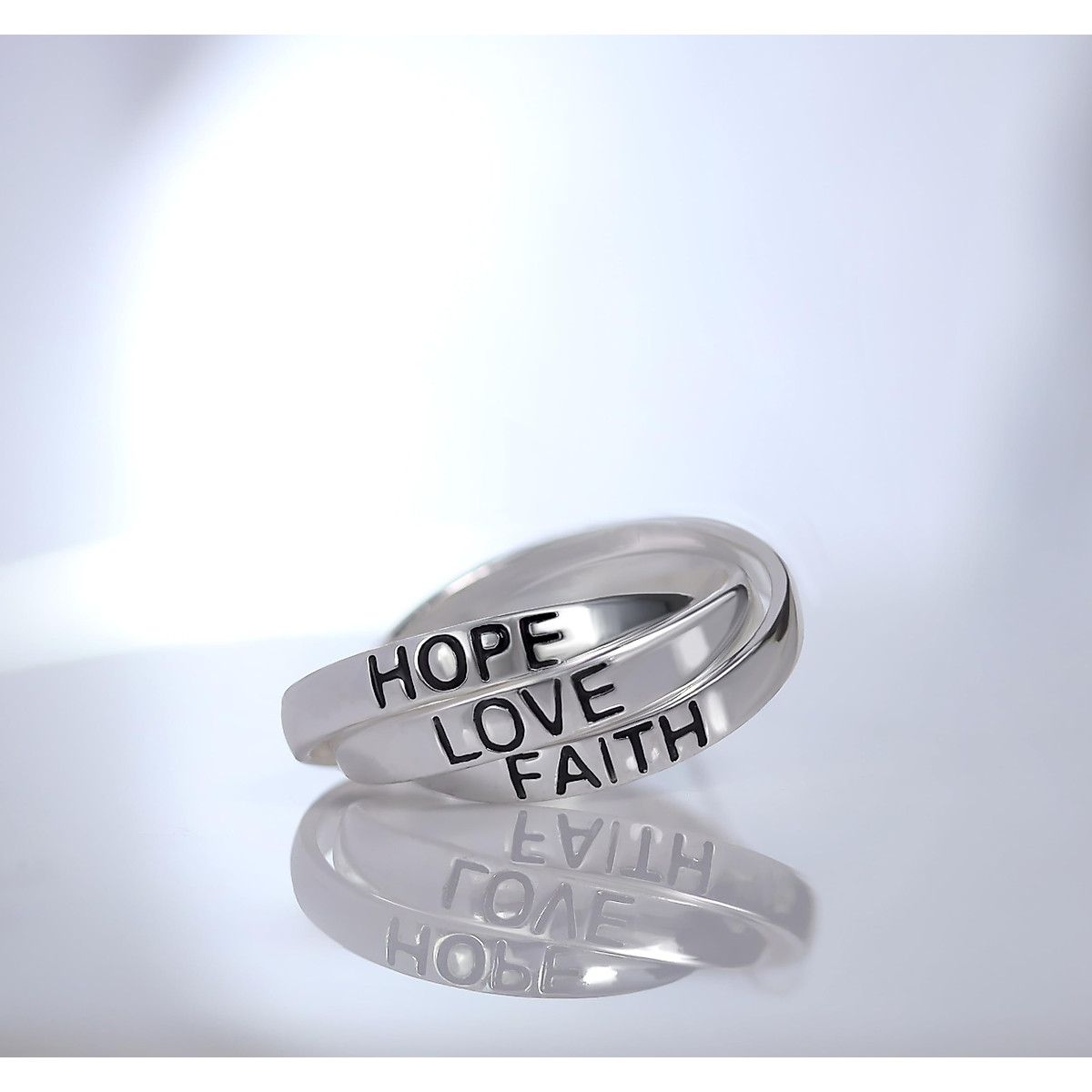 Hoops & Loops Sterling Silver HOPE FAITH LOVE Inspirational Triple Interlocking Ring, Size 7