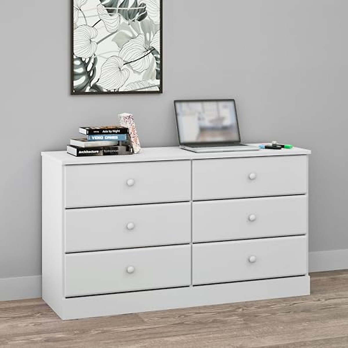 Prepac Astrid 6 Drawer Double Dresser for Bedroom, Wide Chest of Drawers, Bedroom Furniture, Clothes Storage and Organizer, 15.5" D x 47.5" W x 26.85" H, White